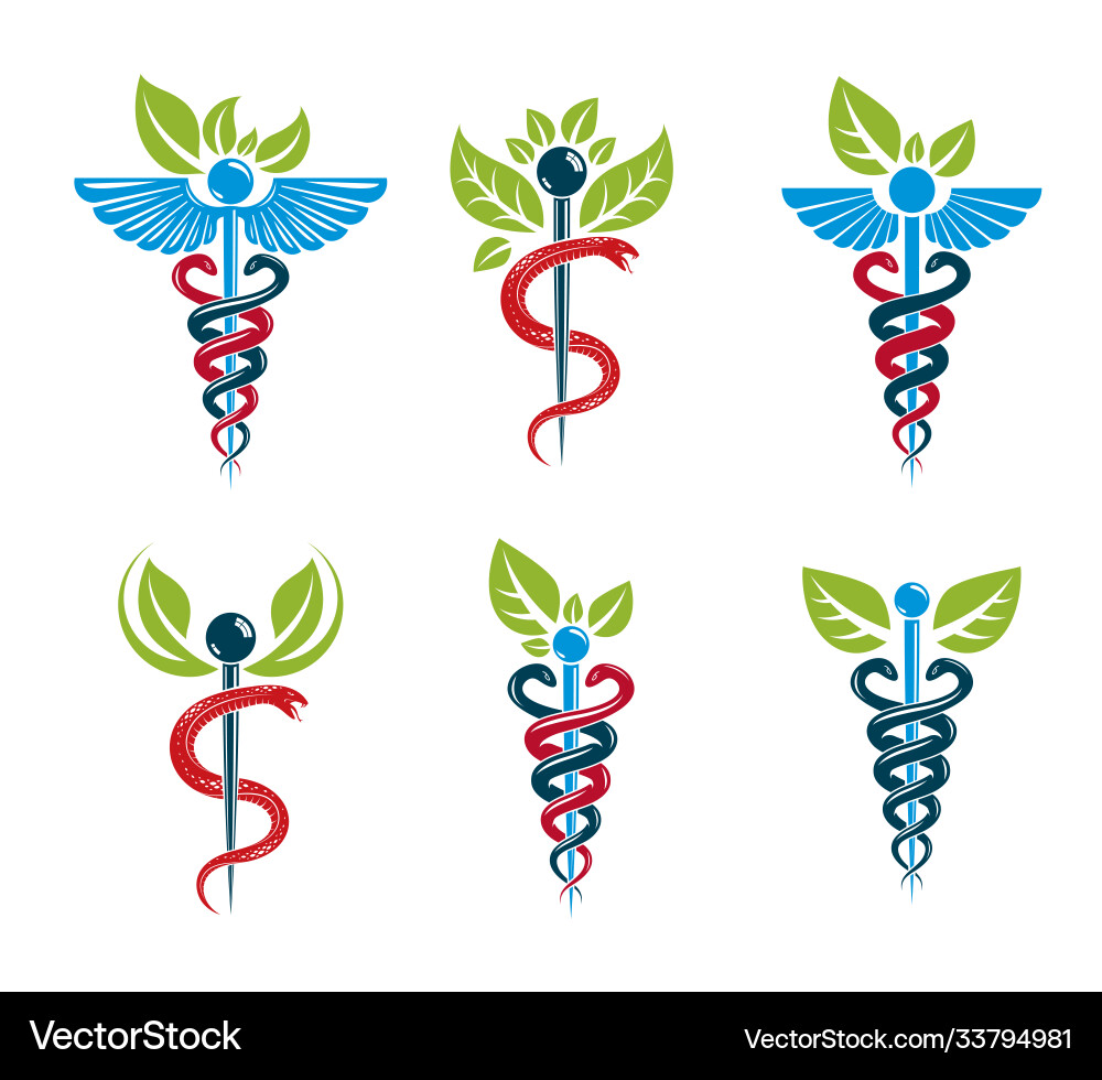 Aesculapius abstract collection caduceus symbols Vector Image