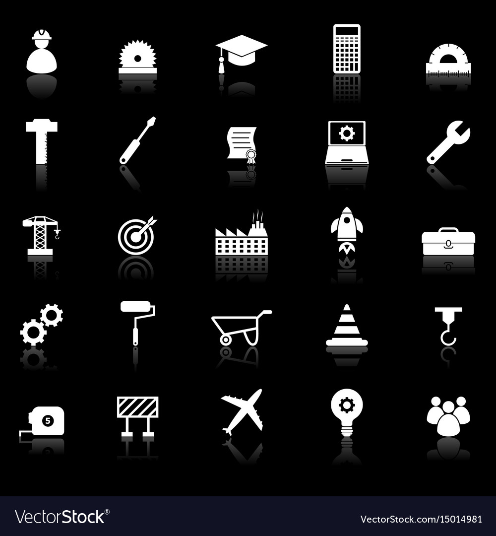 Engineering icons with reflect on black background