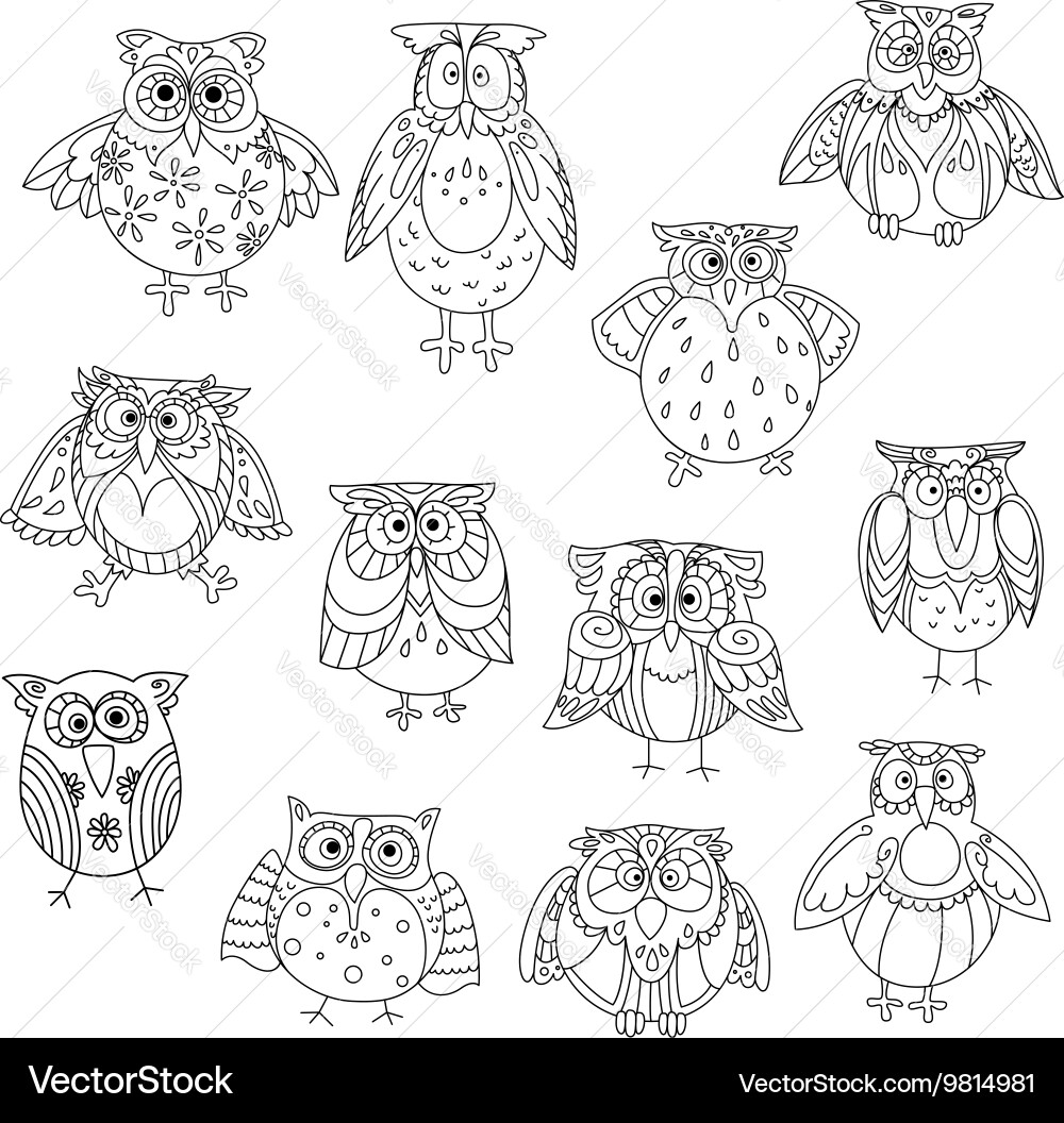 Funny owl silhouettes outline with cute feathering