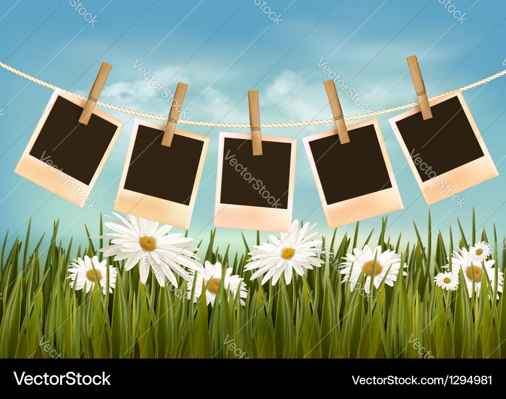 Photos hanging on a rope in front a nature Vector Image