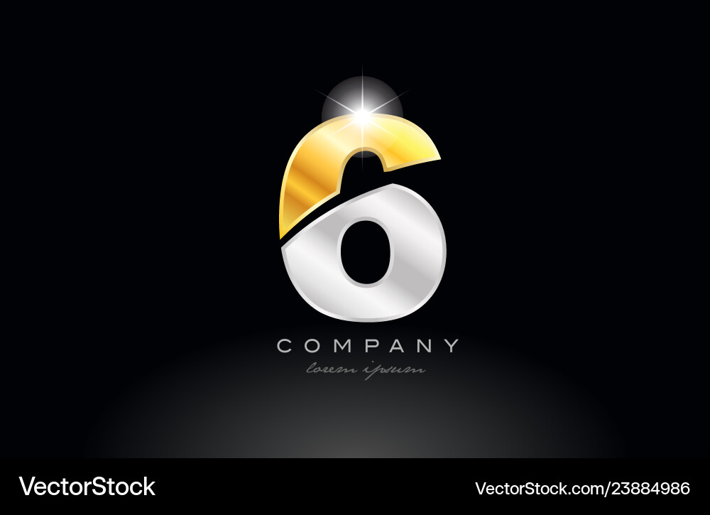 Number 6 gold silver grey metal on black Vector Image