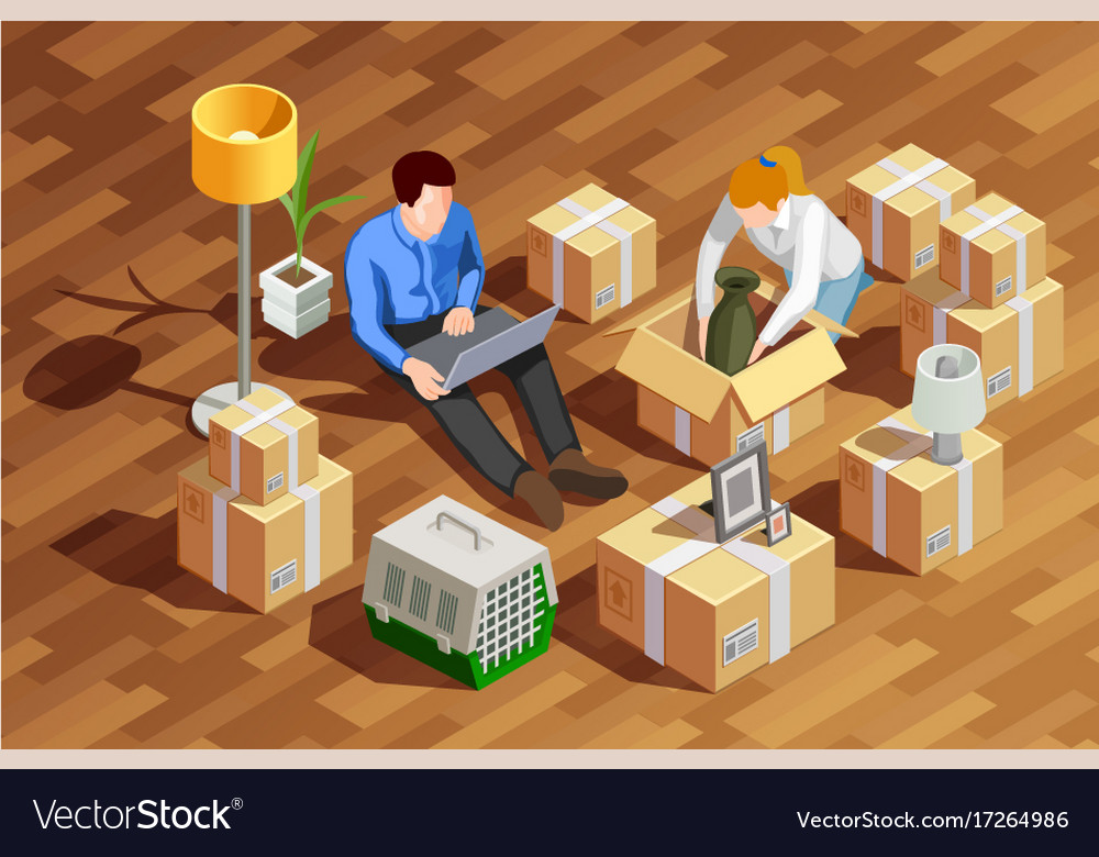 Unpacking boxes isometric composition Royalty Free Vector