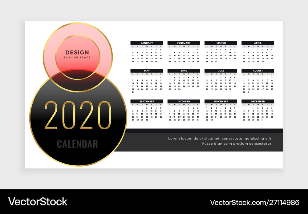 Year 2020 calendar template design in luxury style