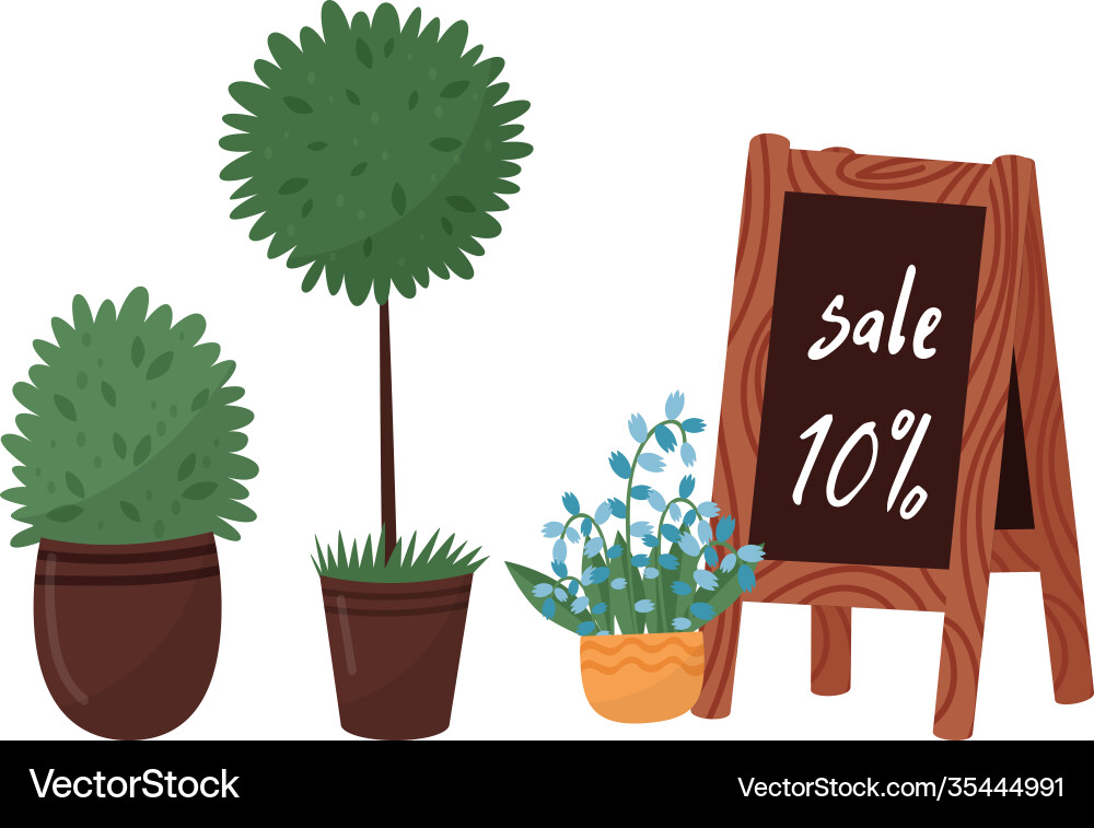 Green trees and flowers rested in ceramic pot Vector Image