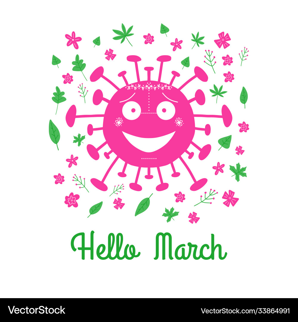 Hello march pink cartoon coronavirus bacteria Vector Image