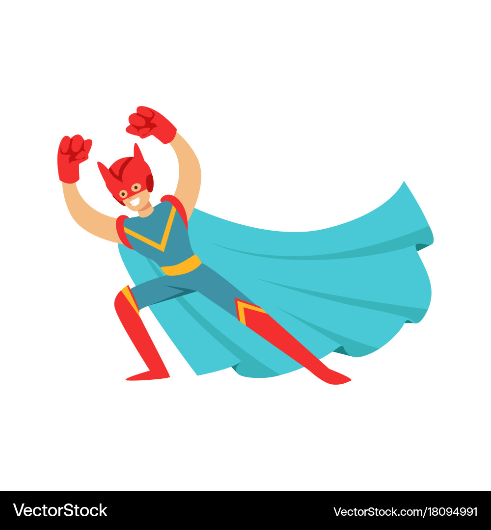 Hero in comics costume with cape and helmet Vector Image