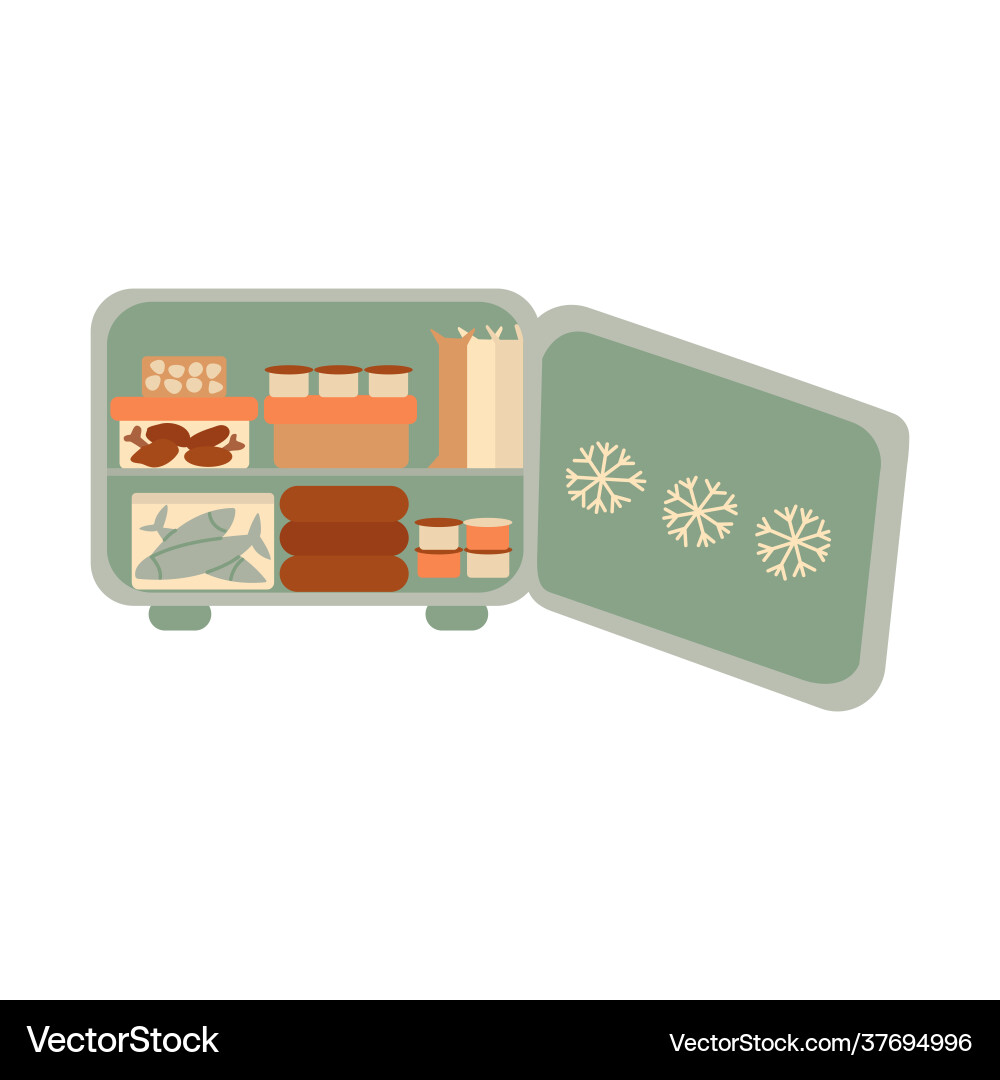 Open freezer food on shelves hand Royalty Free Vector Image