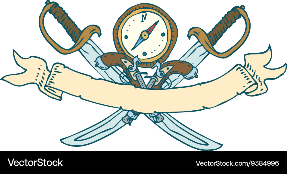 Retro heraldic ribbon with sabers and compass Vector Image