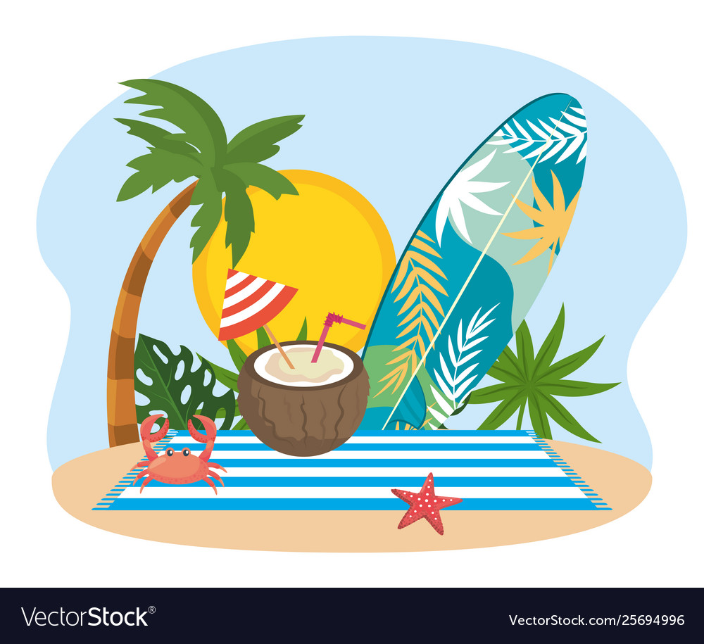 Sun with palm tree and surfboard leaves Royalty Free Vector