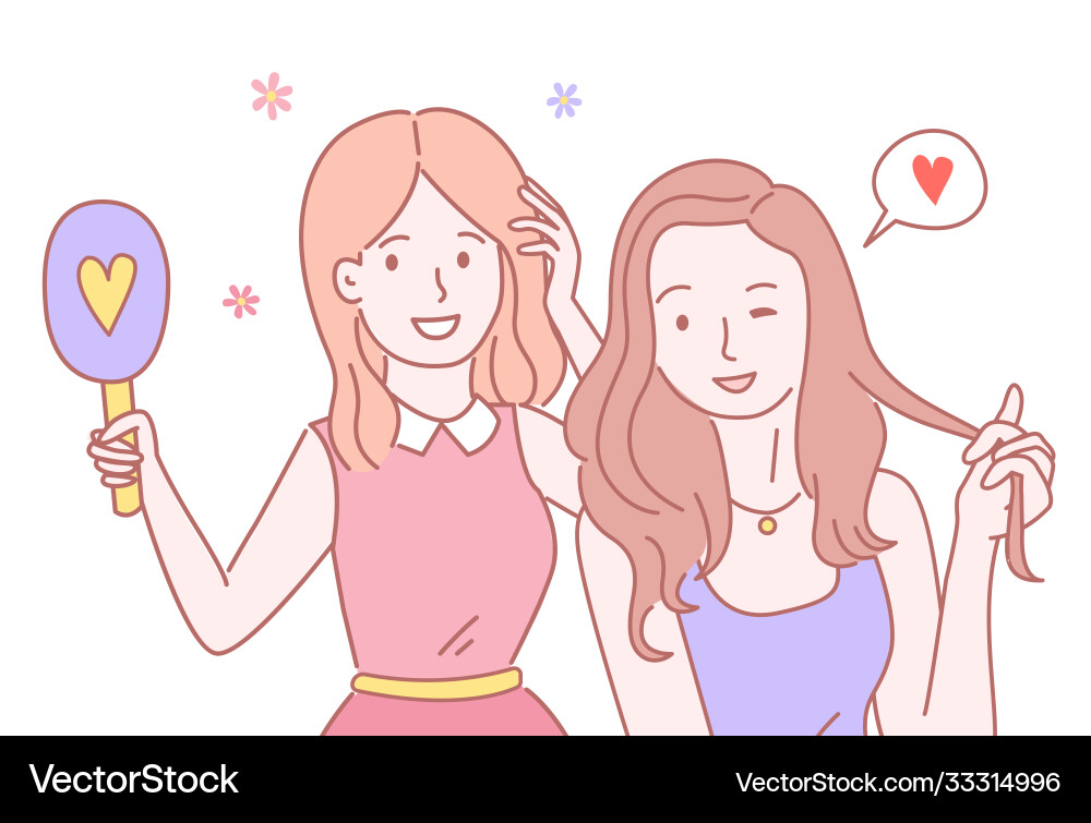 Two smiling girls stand together group Royalty Free Vector