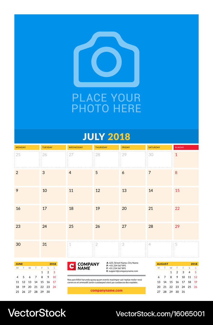 Monthly calendar planner template for 2018 year Vector Image