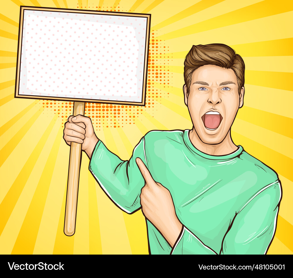 Screaming man with banner on stick Royalty Free Vector Image