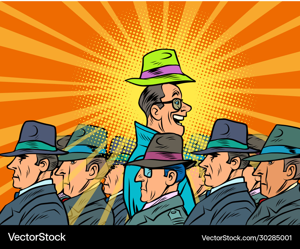 Unique in crowd happy man among serious Royalty Free Vector