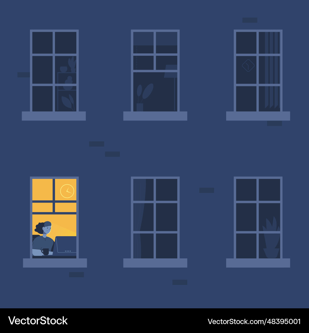 Working at night window woman designer quiet work Vector Image