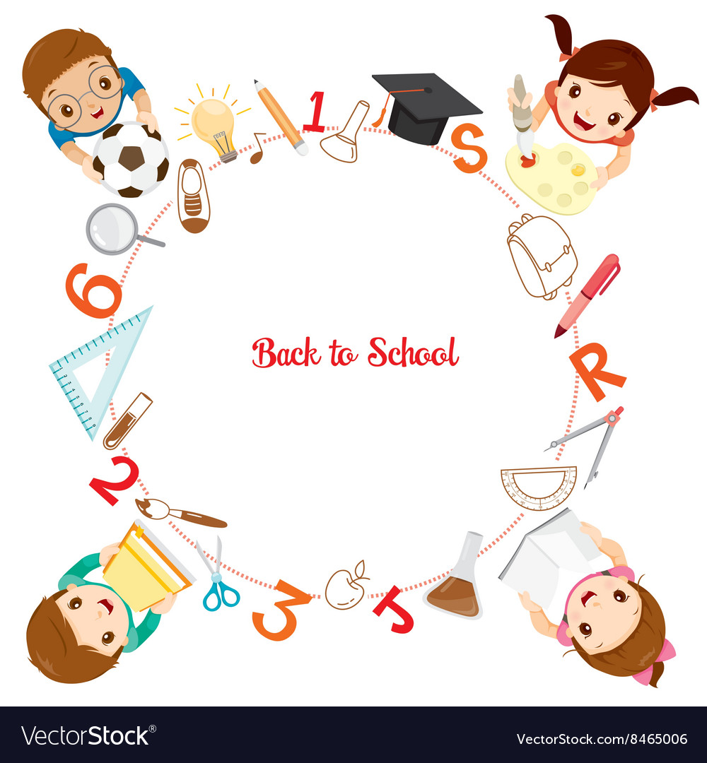 Children And School Supplies Icons On Circle Frame