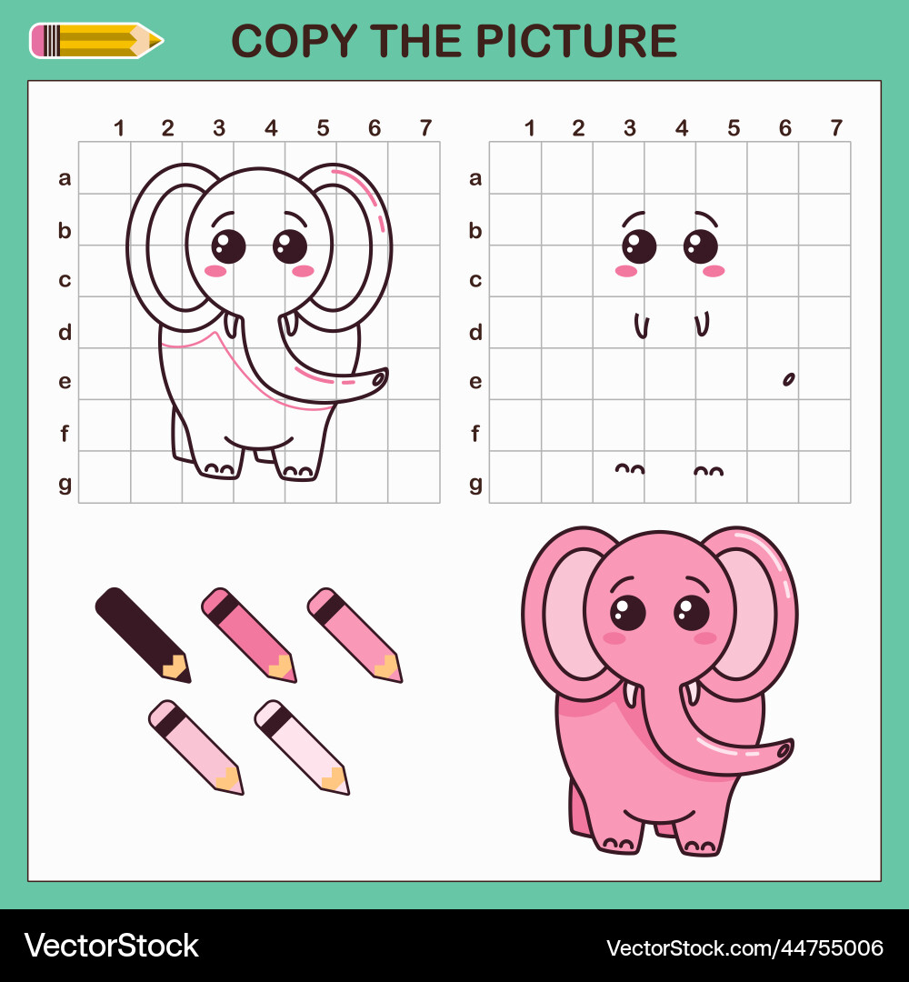 Copy drawing of elephant worksheet Royalty Free Vector Image