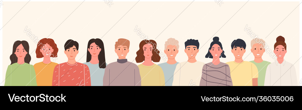 Group smiling people standing together in line Vector Image