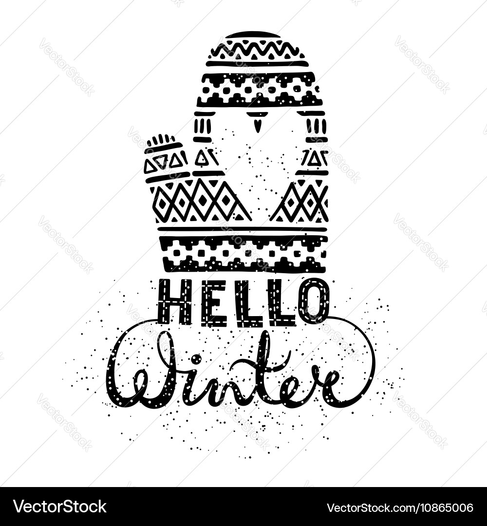 Hello winter text brush lettering and knitted Vector Image