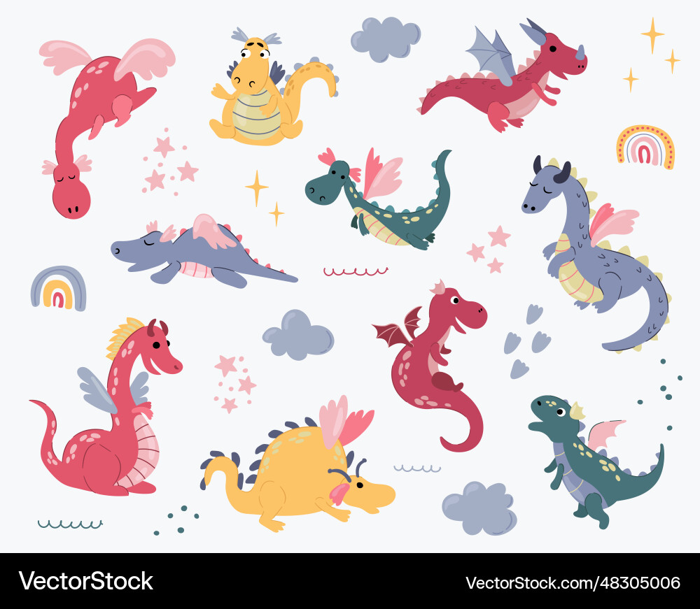 Set of cute hand drawn dragons Royalty Free Vector Image