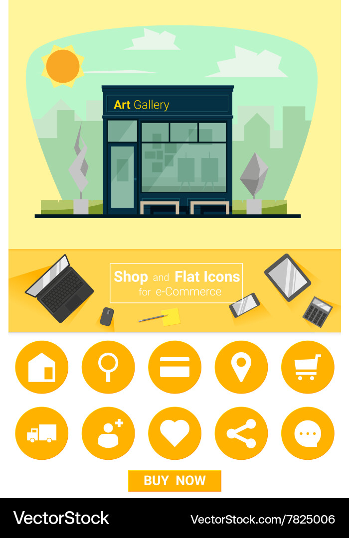 Shop and flat icons for e commerce art gallery Vector Image