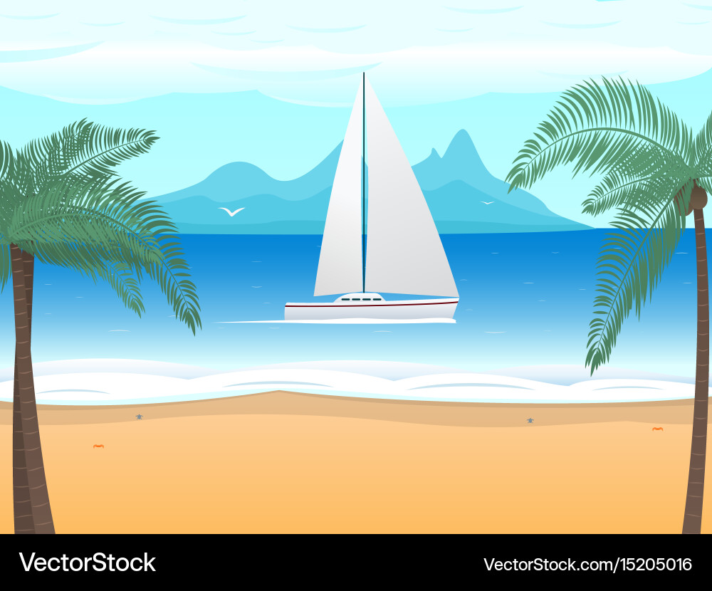 Beach palm tree boat with sails on ocean Vector Image