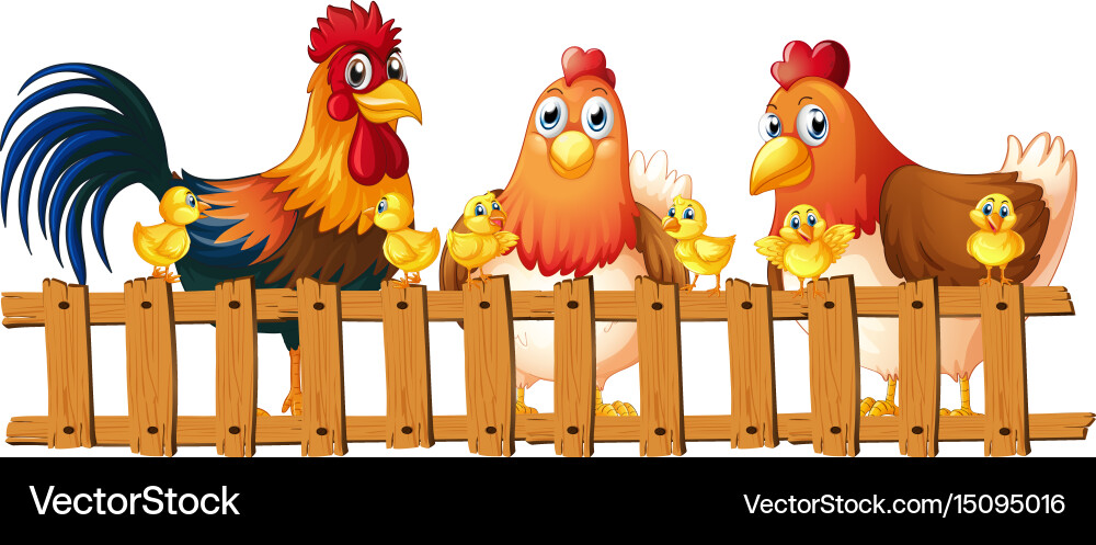 Chickens and chicks behind fence Royalty Free Vector Image