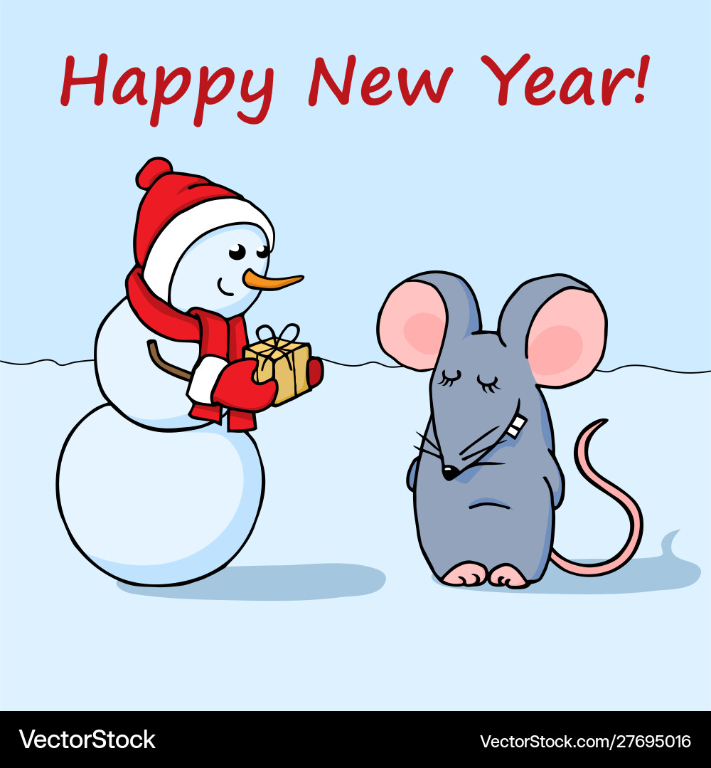 Cute funny hand drawn snowman and mouse Royalty Free Vector