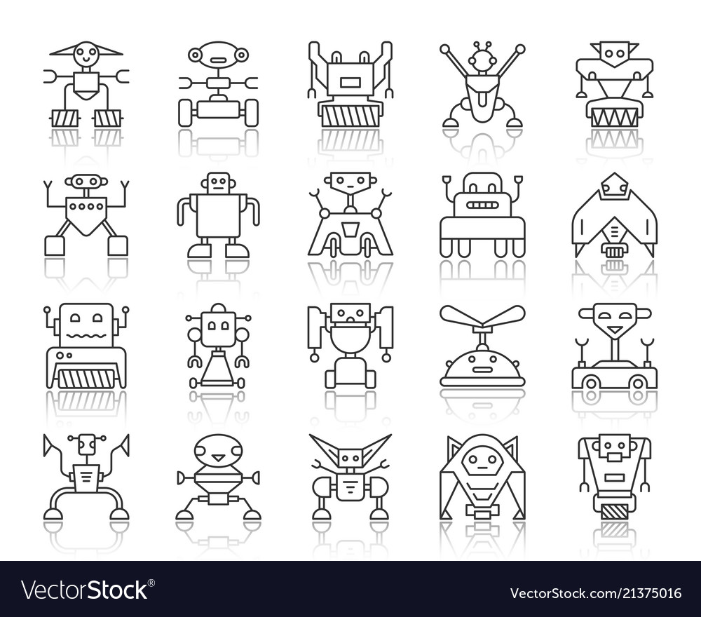Robot simple black line icons set Royalty Free Vector Image
