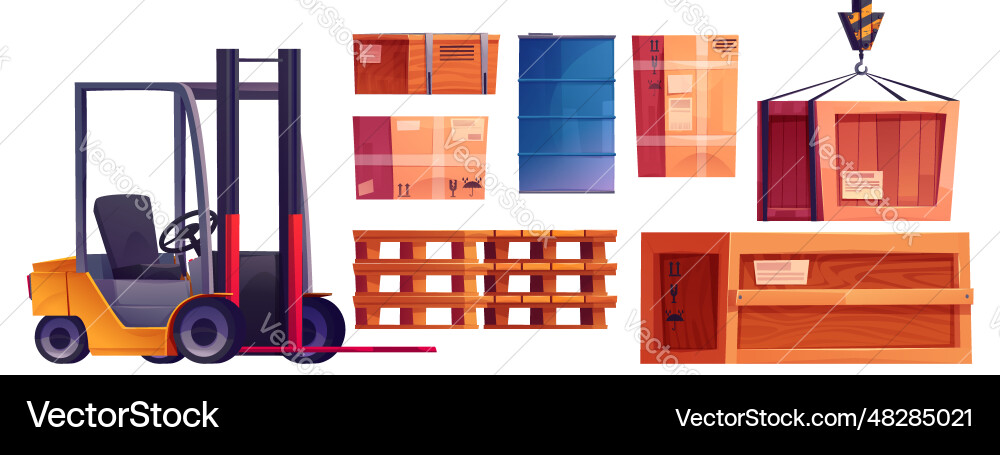 Warehouse interior and storage box with pallet set