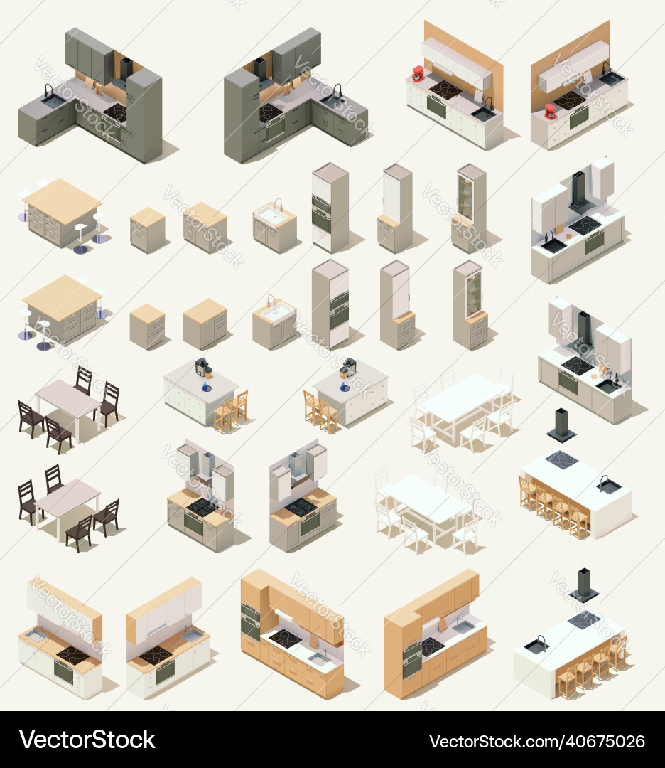 Isometric kitchen furniture set Royalty Free Vector Image
