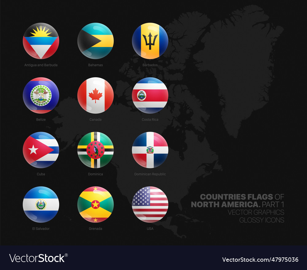 North america countries flags round glossy icons Vector Image