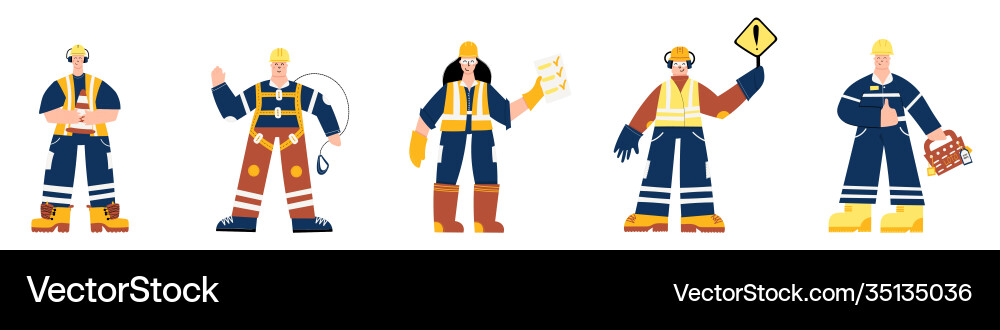 Safety first industrial workers people characters Vector Image