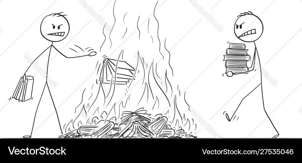 Cartoon two men throwing books in fire Royalty Free Vector