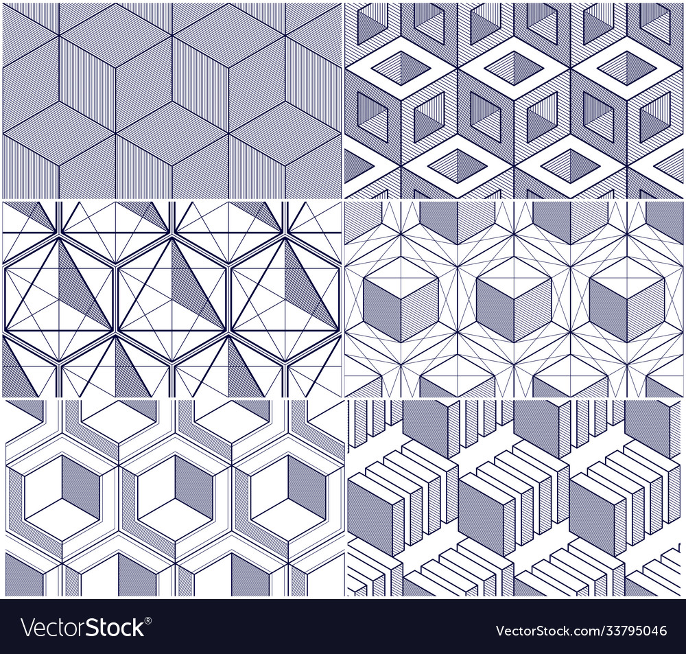 Geometric cubes abstract seamless patterns set 3d Vector Image