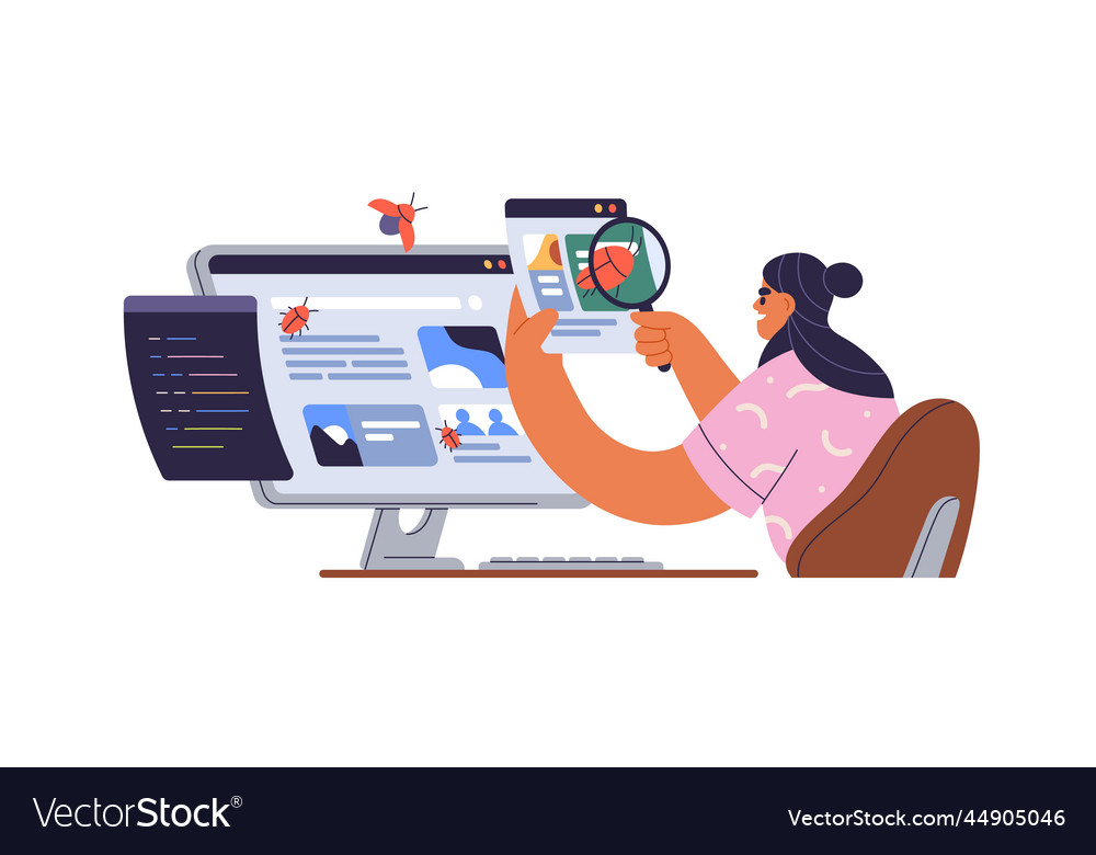 Software Tester At Computer Finding Program Bugs Vector Image