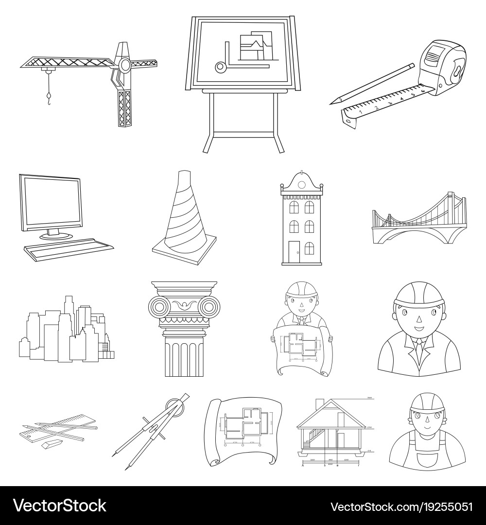 Architecture and construction outline icons in set