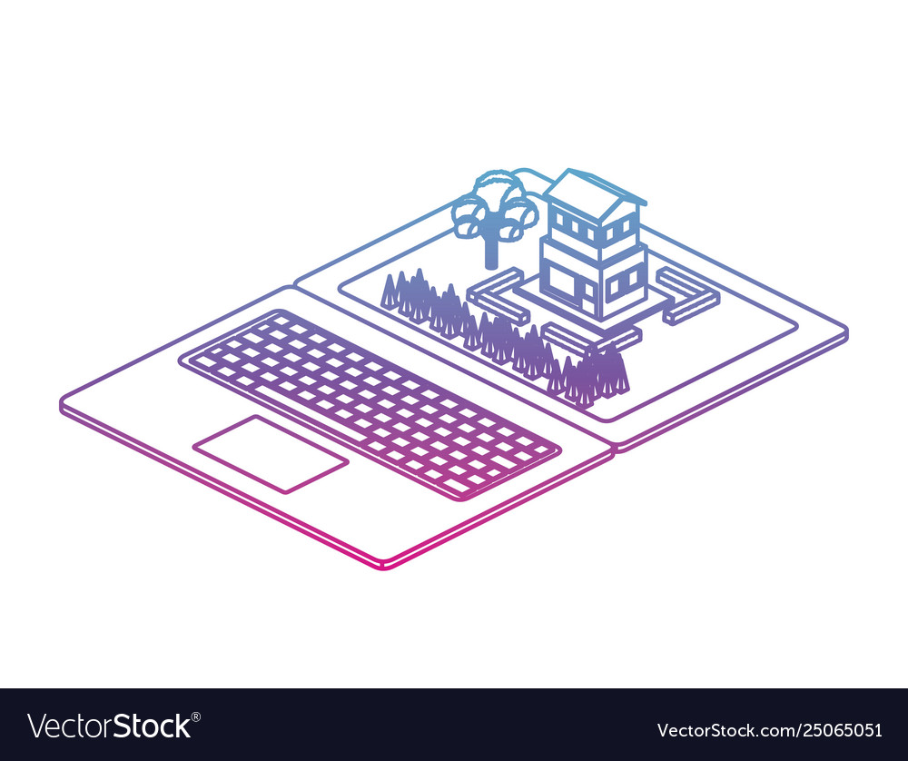 Computer laptop and building scene isometric icon Vector Image