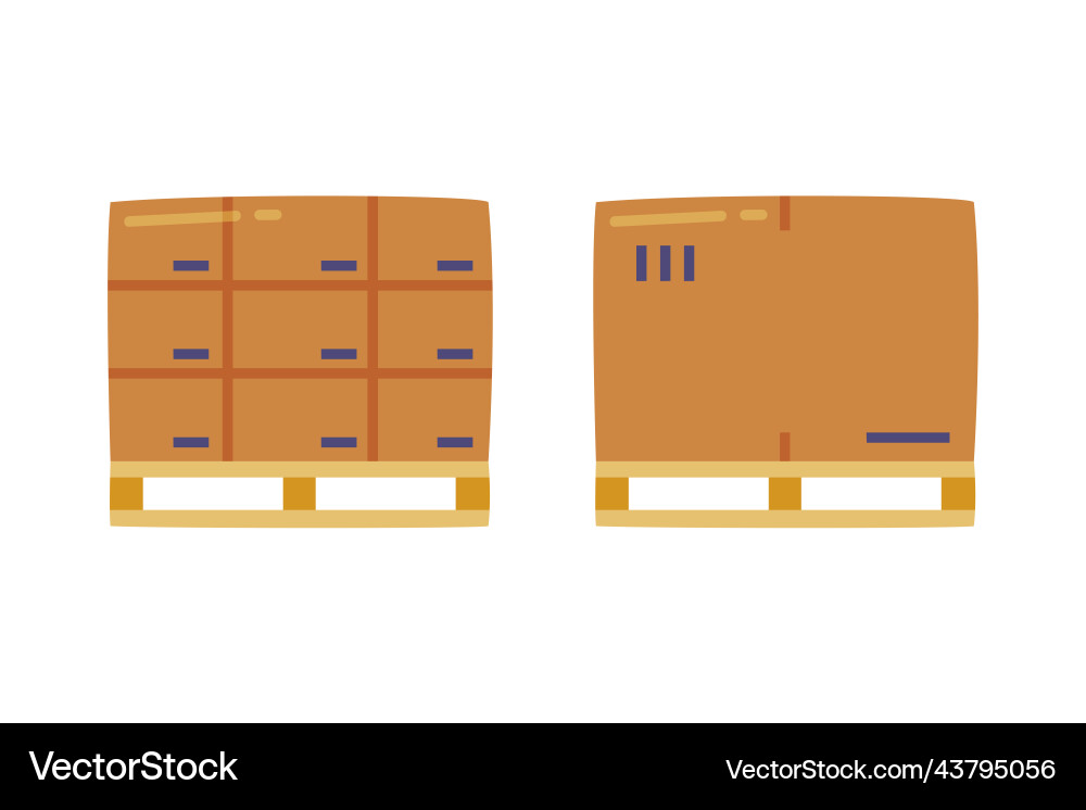 Cardboard boxes on wooden pallets set flat Vector Image