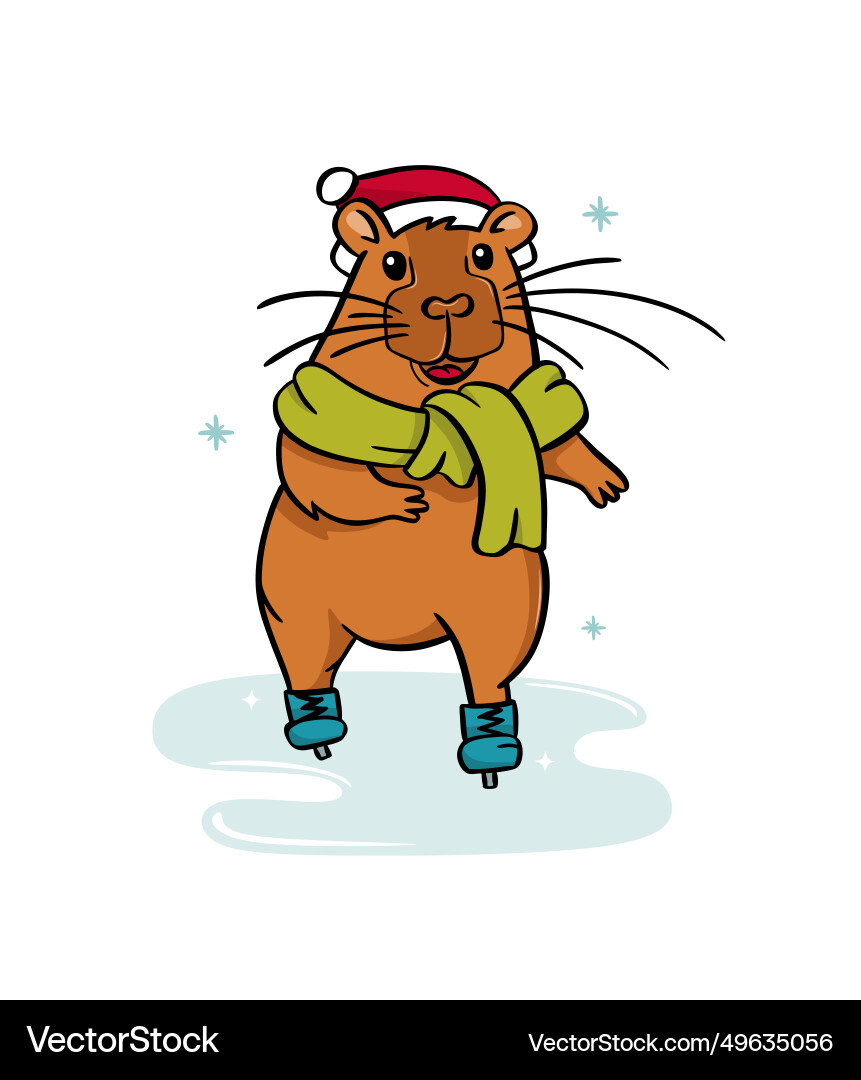 Cute capybara is ice skating flat style Royalty Free Vector
