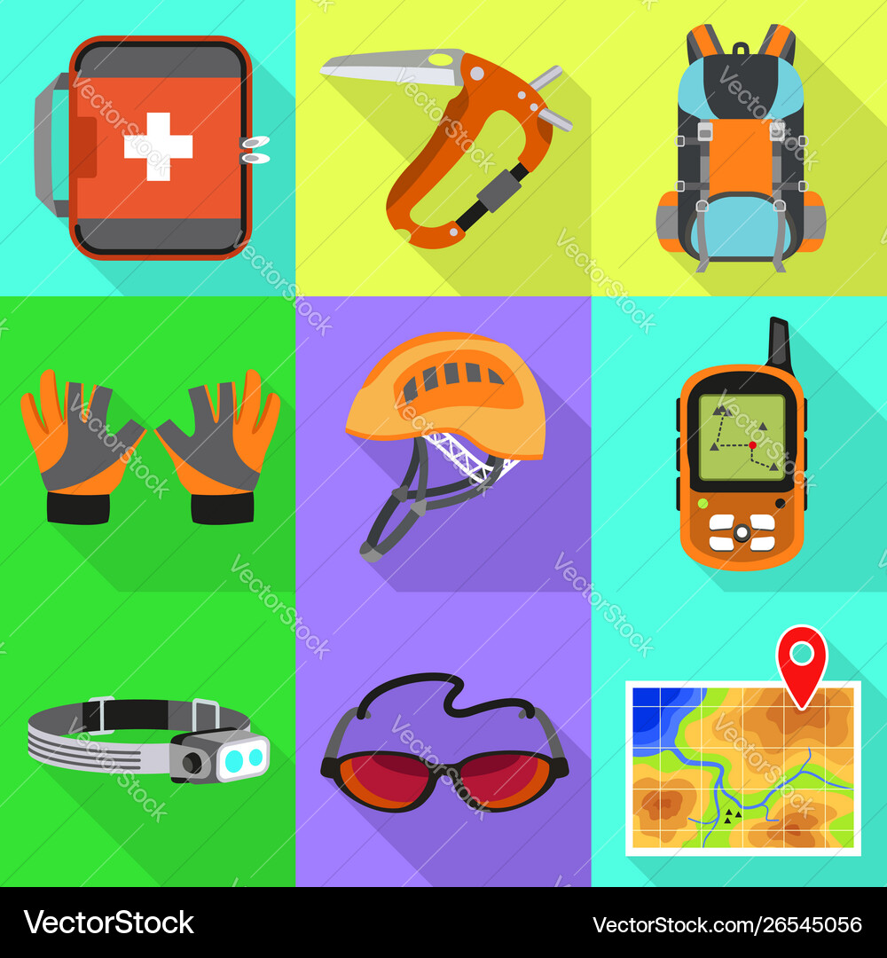 Hiking equipment icon set flat style Royalty Free Vector