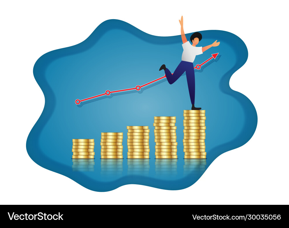 Man step up on increasing columns gold coins Vector Image