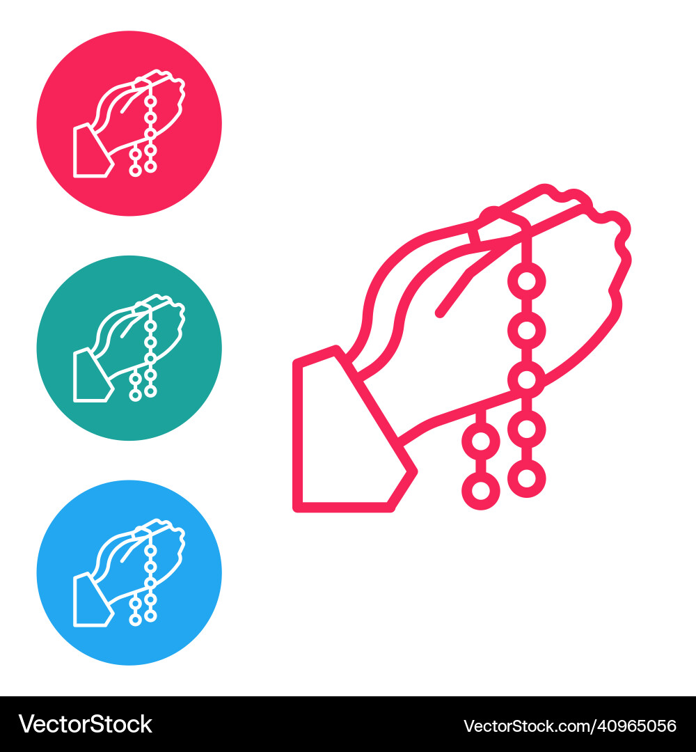 Red line hands in praying position with rosary Vector Image