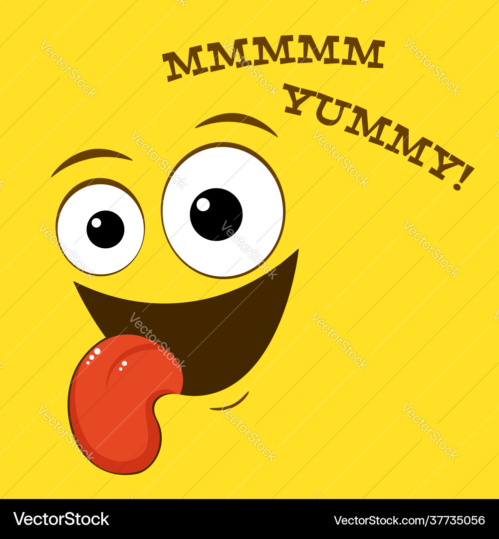 Smiling yummy emoticon on yellow background Vector Image