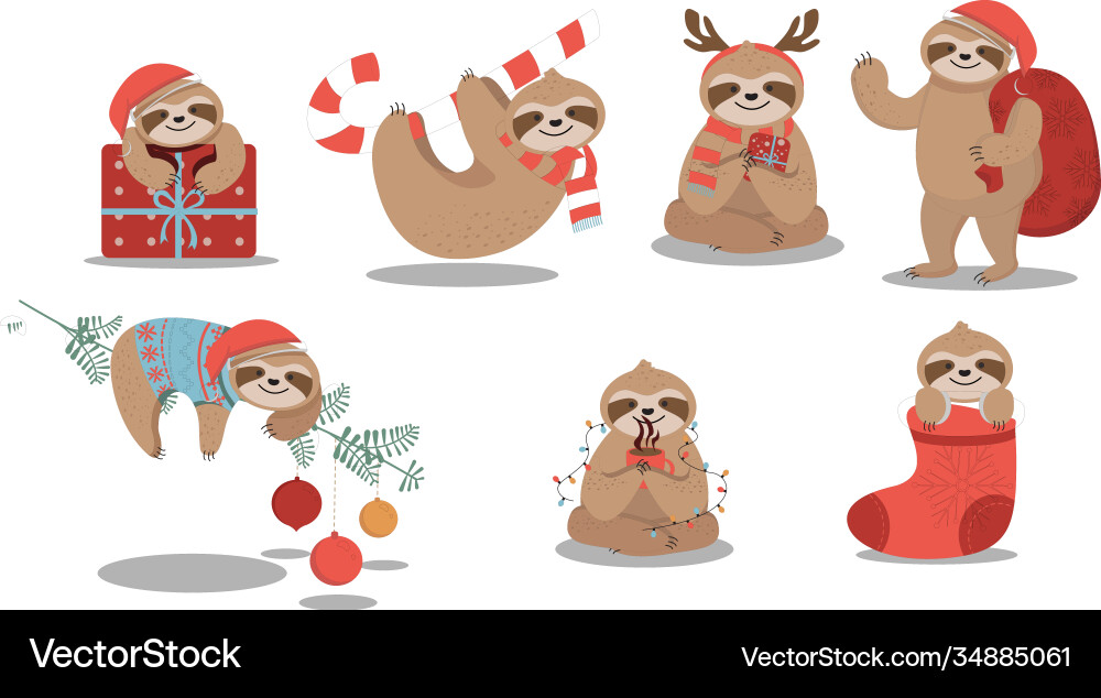 Set cute sloth wearing christmas stuffs Royalty Free Vector