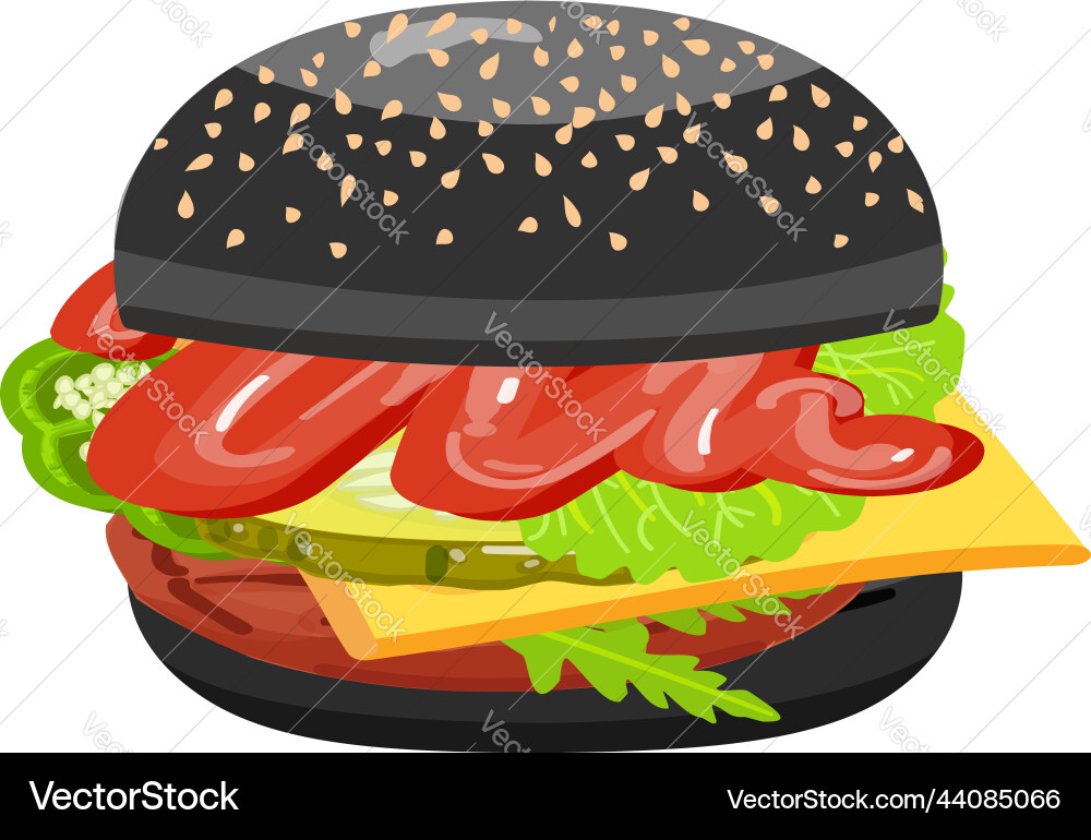Black burger icon cartoon beef bun Royalty Free Vector Image