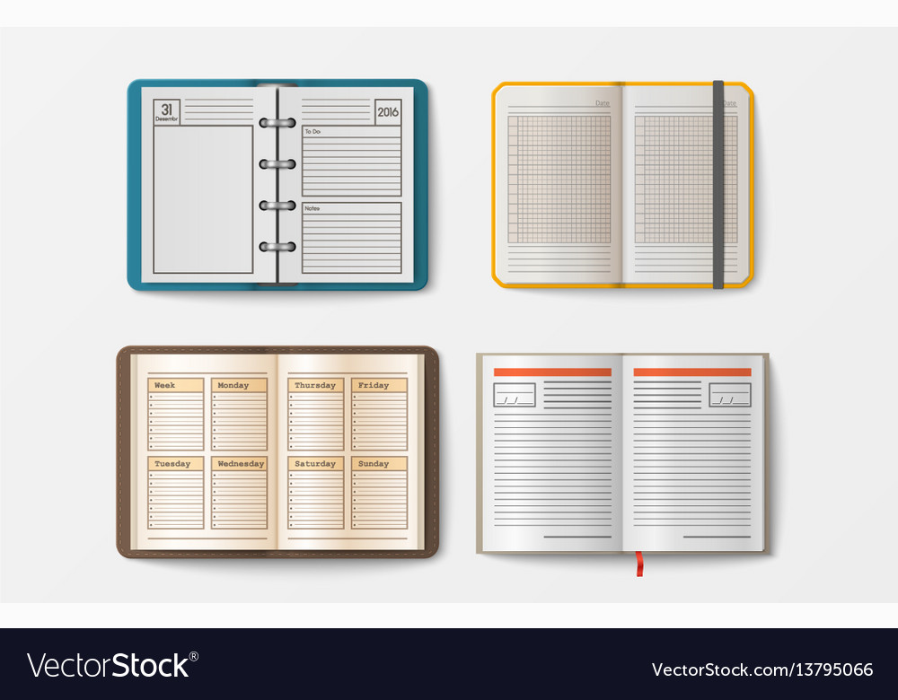 Set of open realistic notebooks with pages diary Vector Image