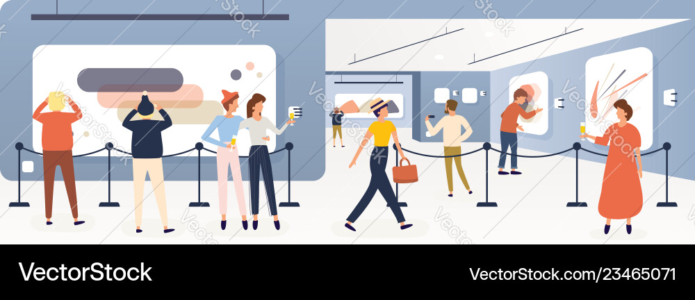 Exhibition visitors tourists viewing modern Vector Image