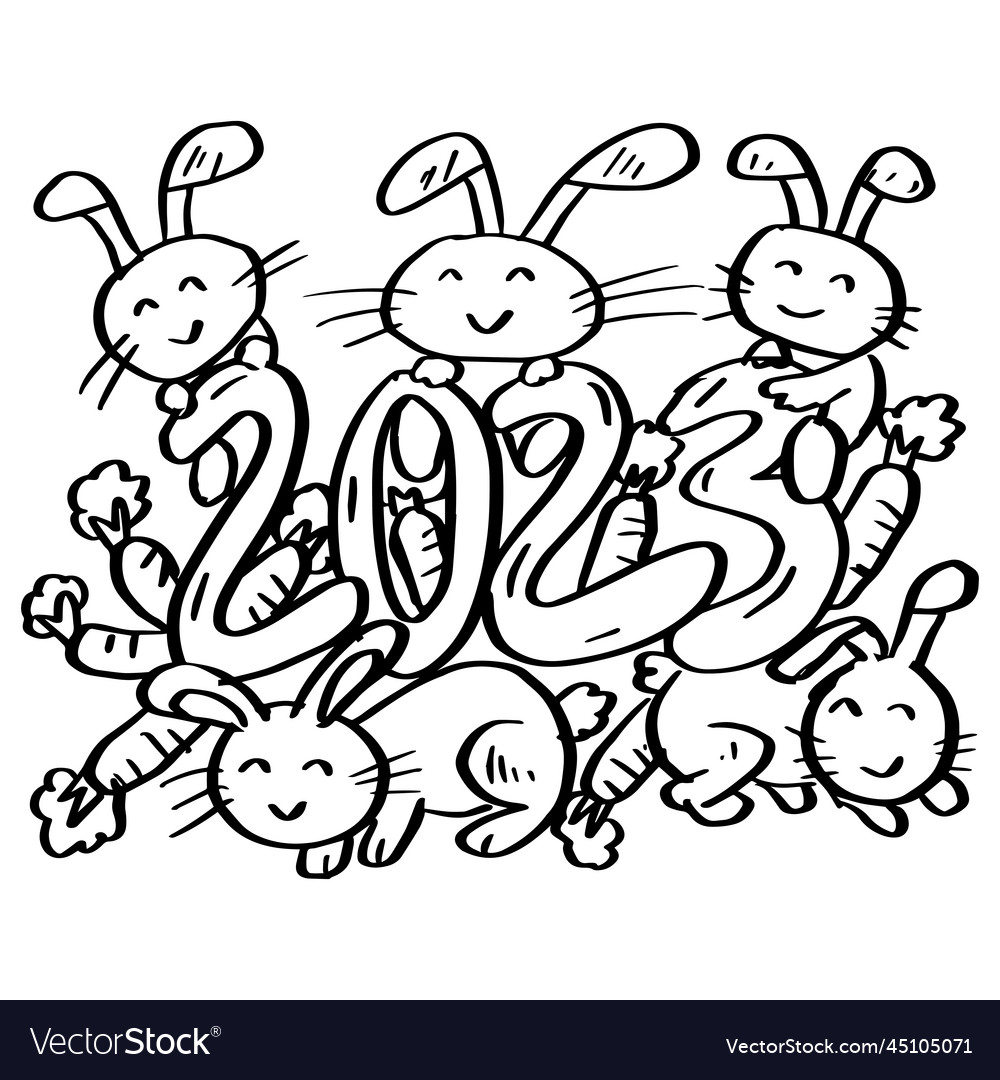 Happy new year 2023 with rabbit coloring pages Vector Image