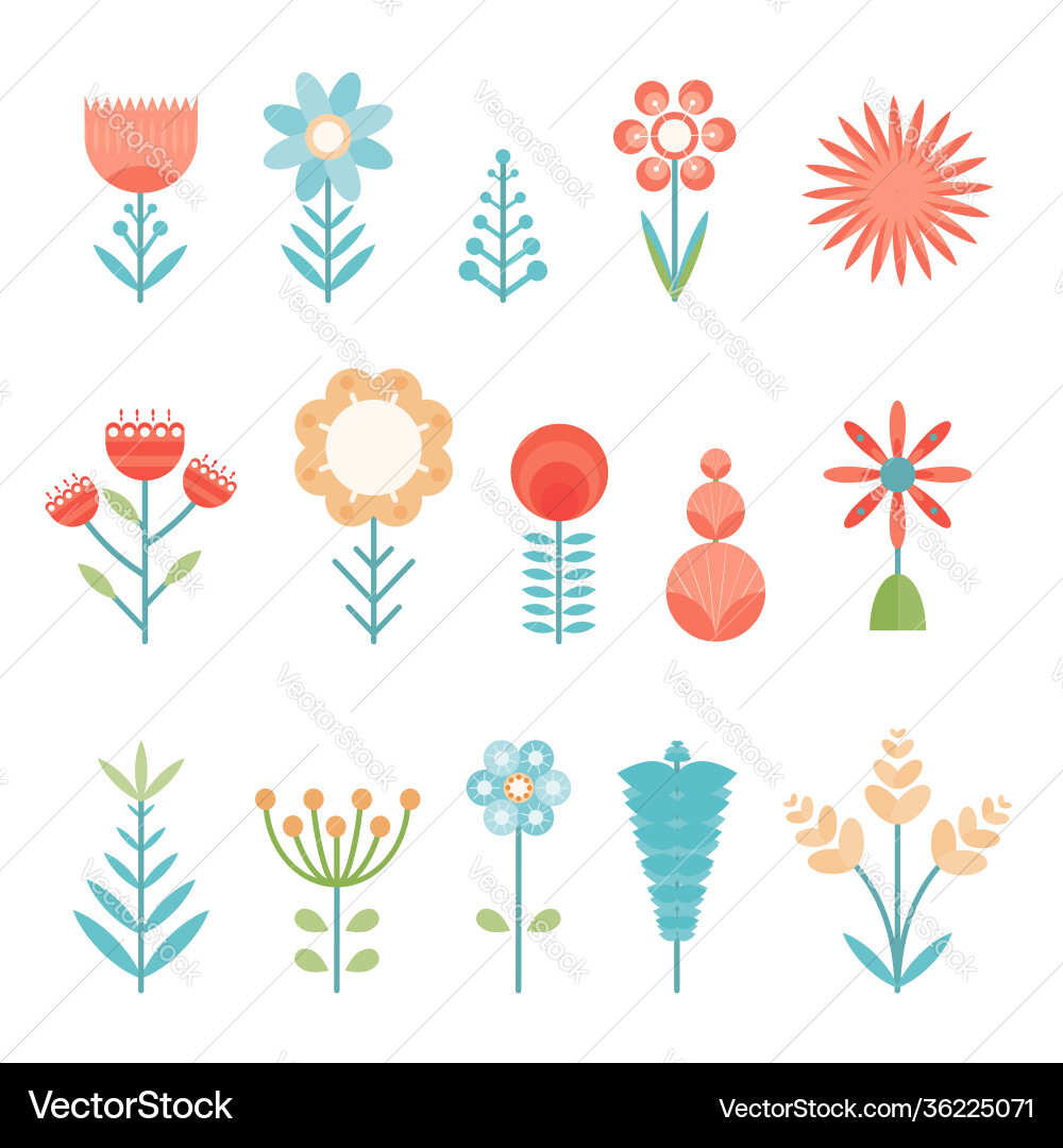 Set flat simple shapes color flowers Royalty Free Vector