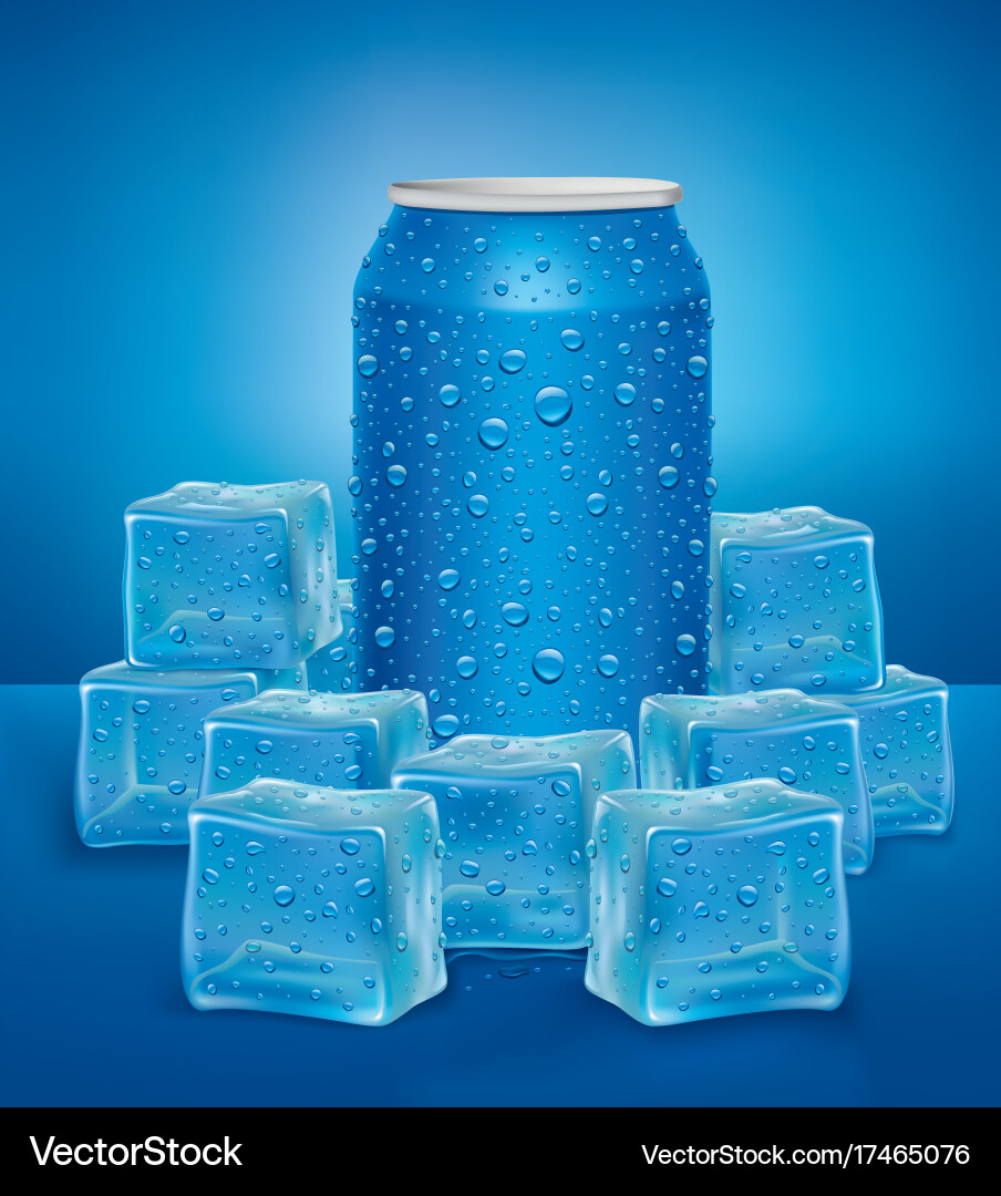 Blue aluminum tin cans in ice cubes Royalty Free Vector